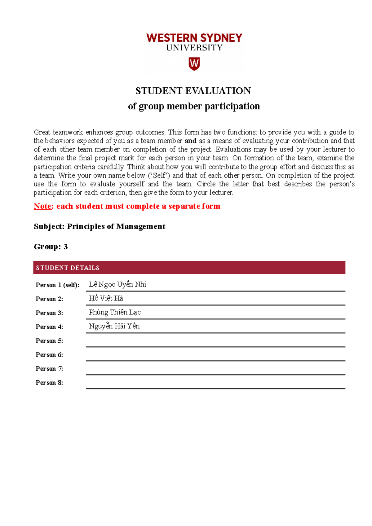 Peer evaluation WSU - STUDENT EVALUATION of group member participation ...