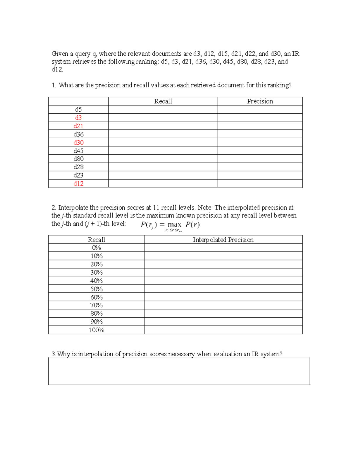 PR example - Given a query q, where the relevant documents are d3, d12 ...