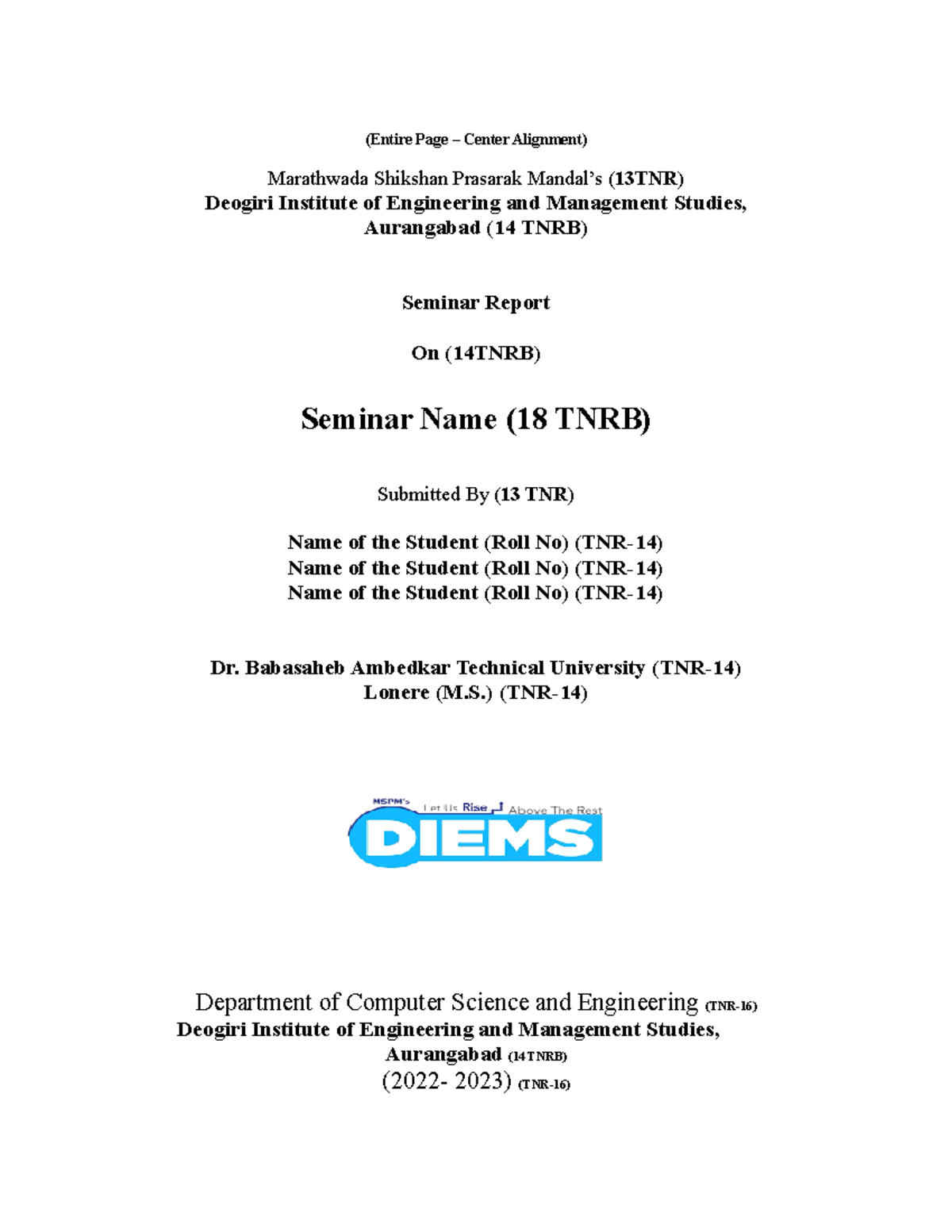Seminar Report Format - (Entire Page – Center Alignment) Marathwada ...