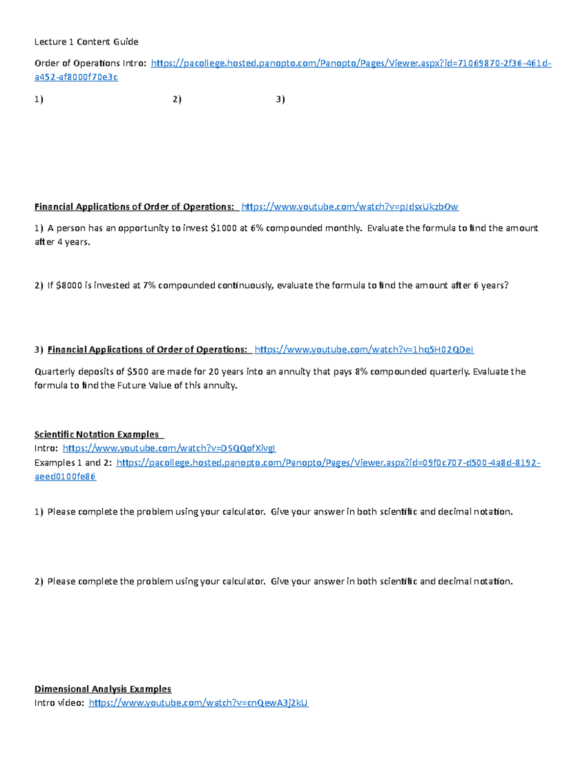Lecture 1 Content Guide-3 - Lecture 1 Content Guide Order of Operations ...