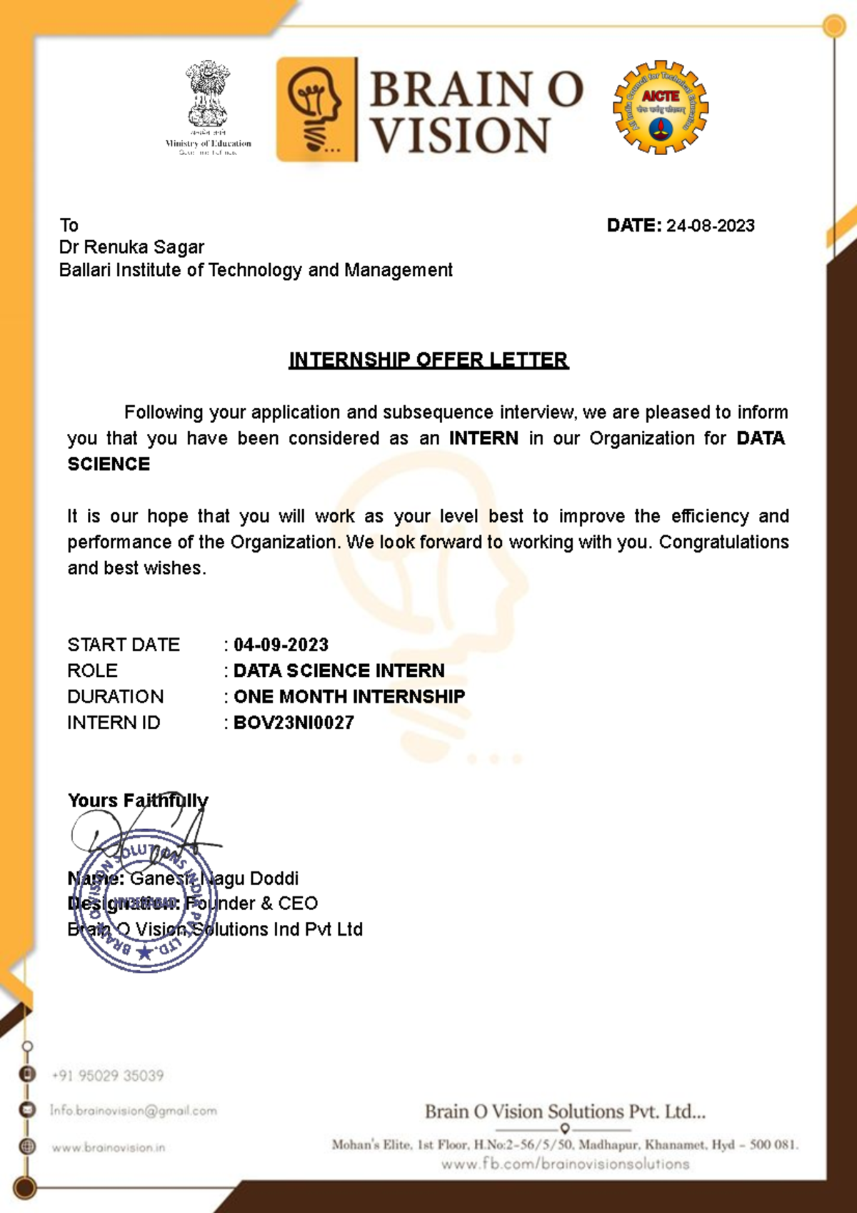 DATA Science Internship Offer Letter - INTERNSHIP OFFER LETTER ...