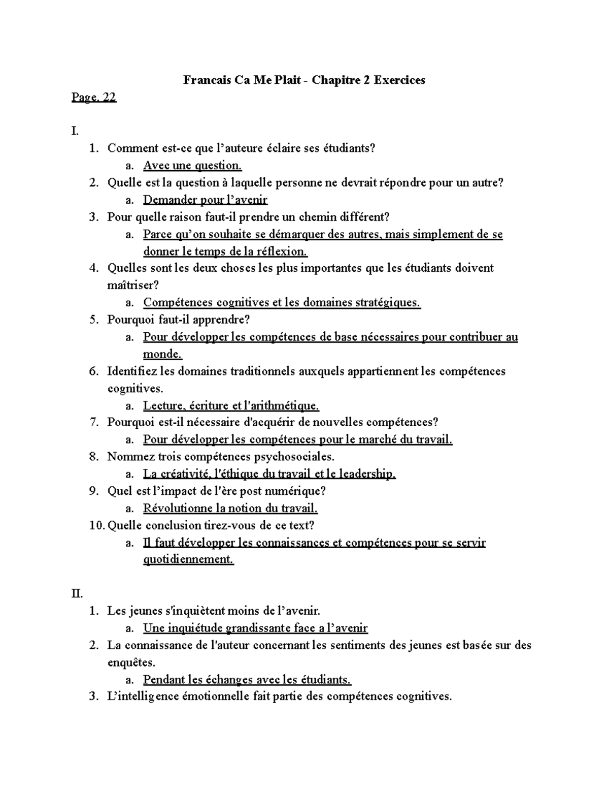 FCMP Chap 2 - Chapitre 2 exercises - Francais Ca Me Plait - Chapitre 2 ...