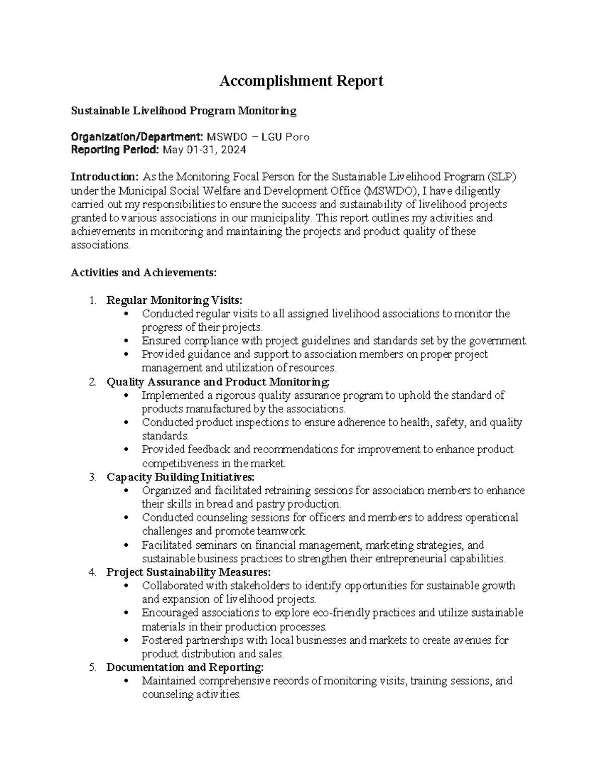 Accomplishment report - Accomplishment Report Sustainable Livelihood ...