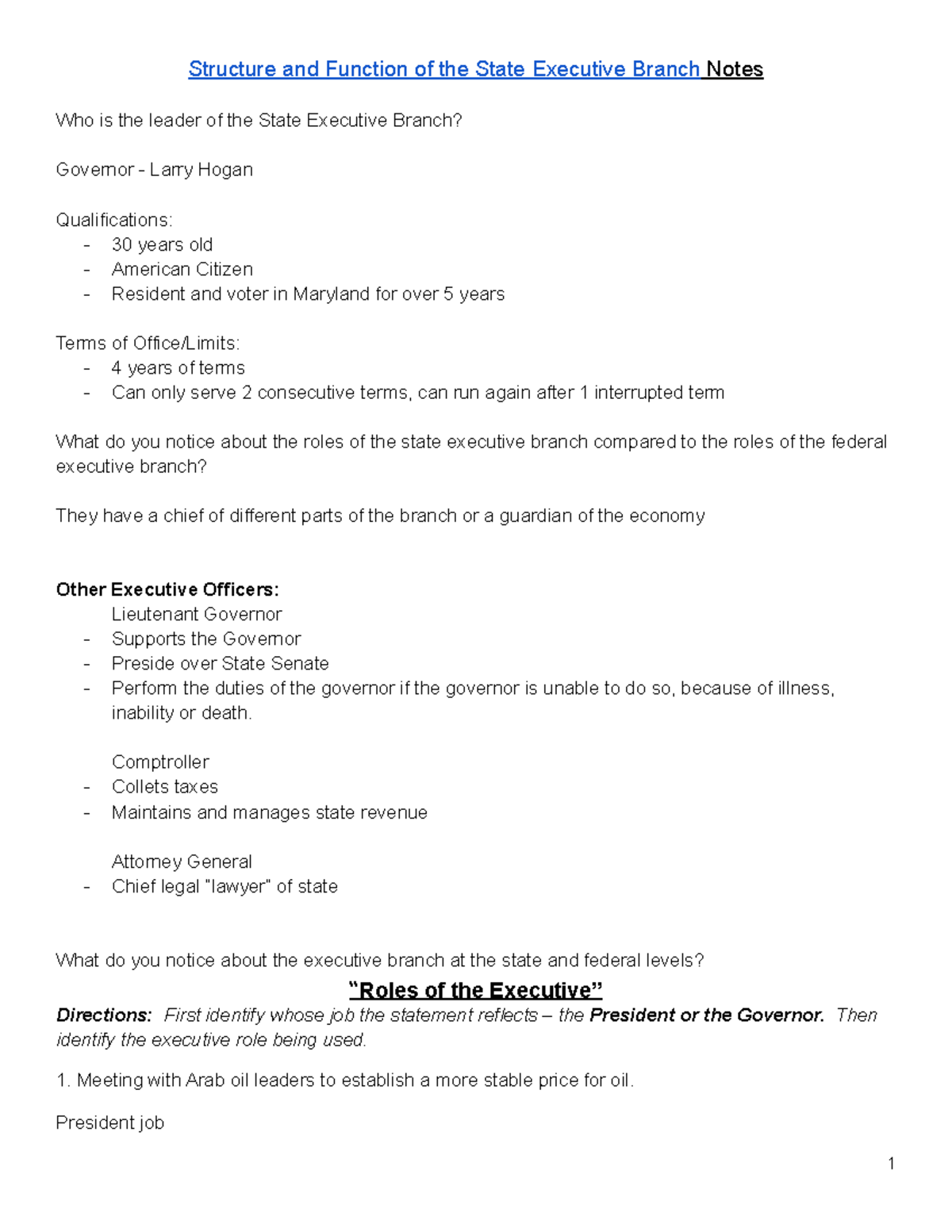 Copy of Roles of the Executive Activity - Structure and Function of the ...