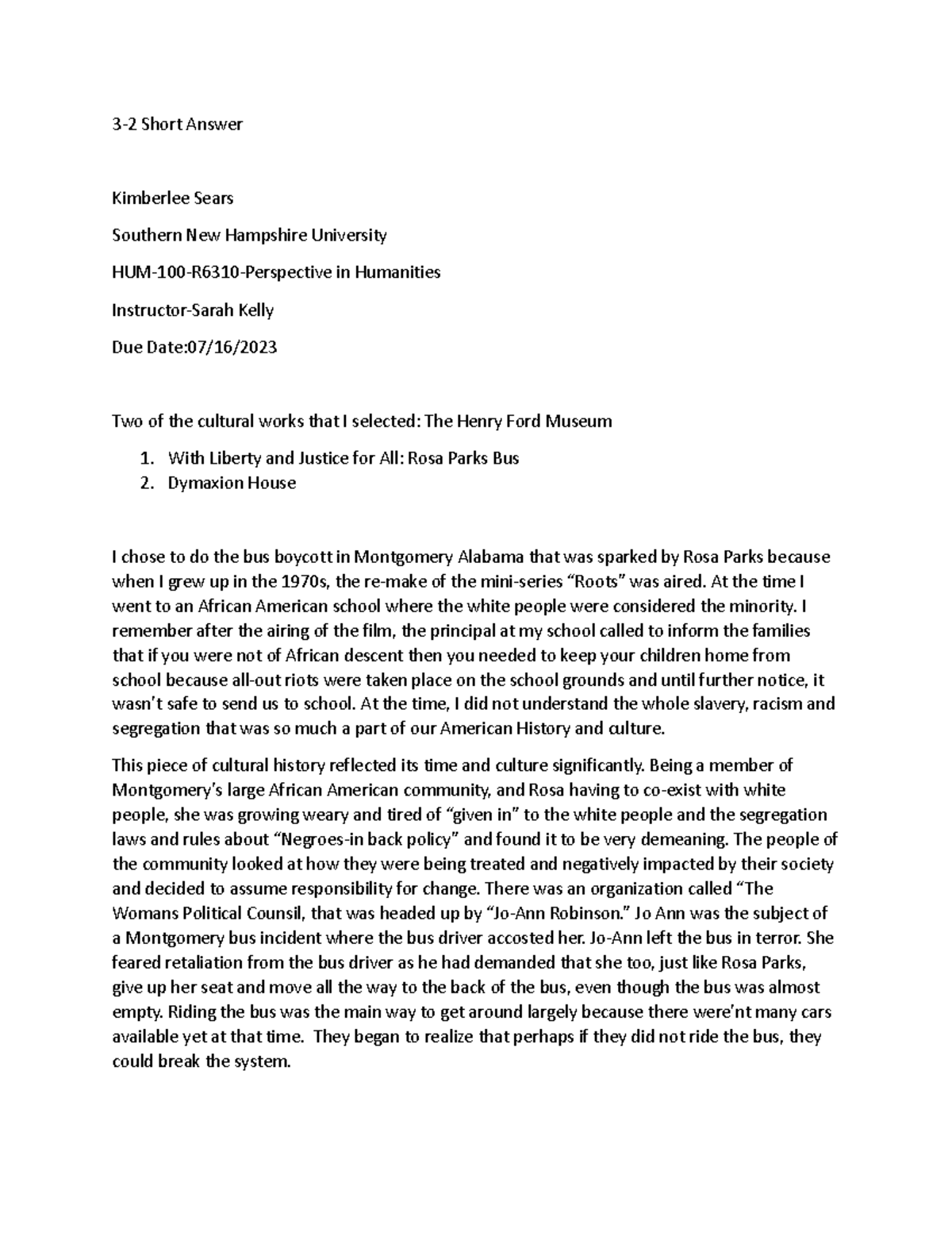 Document 23 - cultural works in humanities - 3-2 Short Answer Kimberlee ...