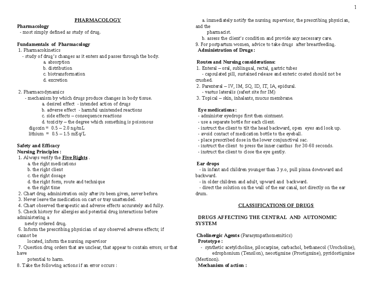 PHARMACOLOGY NOTES - PHARMACOLOGY Pharmacology - most simply defined as ...