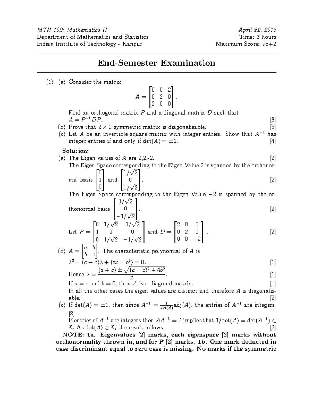 Exam 20 April 2016, questions and answers - MTH 102: Mathematics II ...