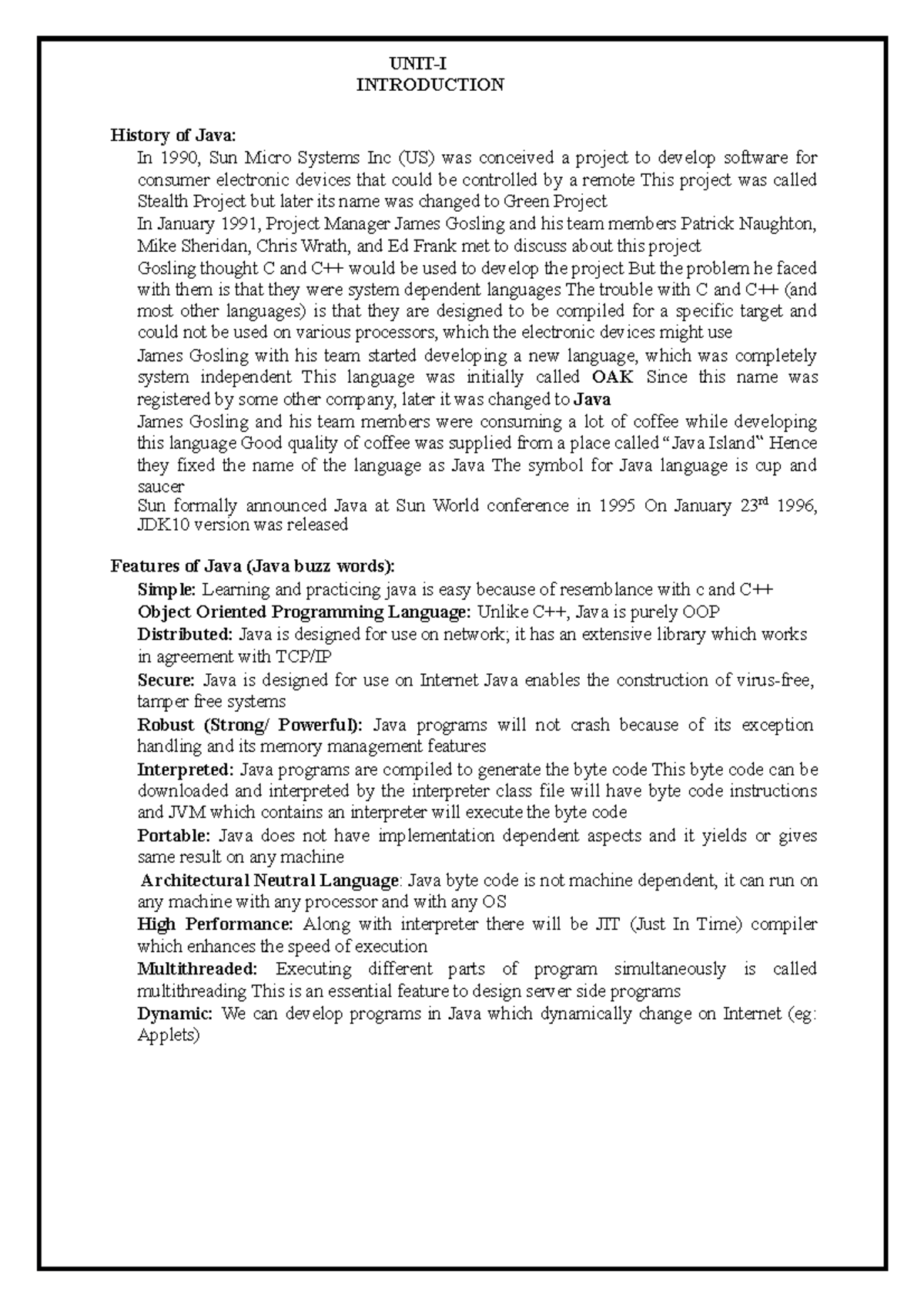 UNIT 1 - IT IS LECTURE NOTES - UNIT-I INTRODUCTION History of Java: In ...