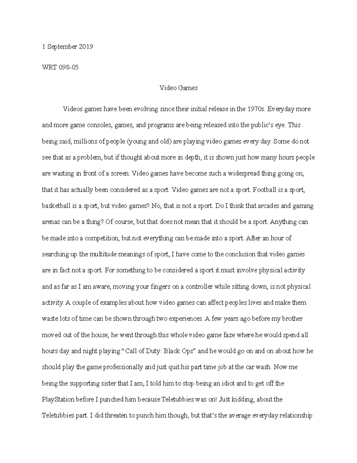 Journal Three - passed - 1 September 2019 WRT 098- Video Games Videos ...