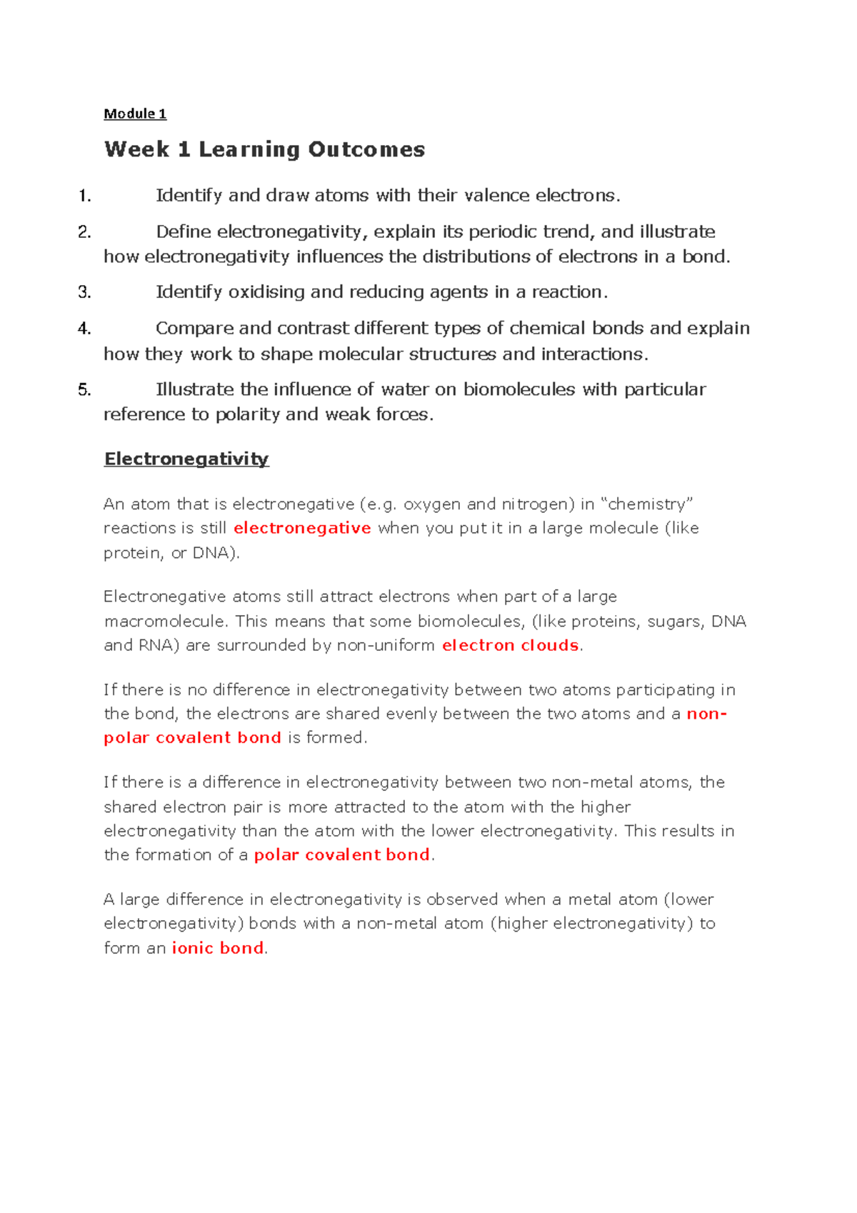 Module 1 ( BIOC2000 ) - Module 1 Week 1 Learning Outcomes 1. Identify and draw atoms with their ...