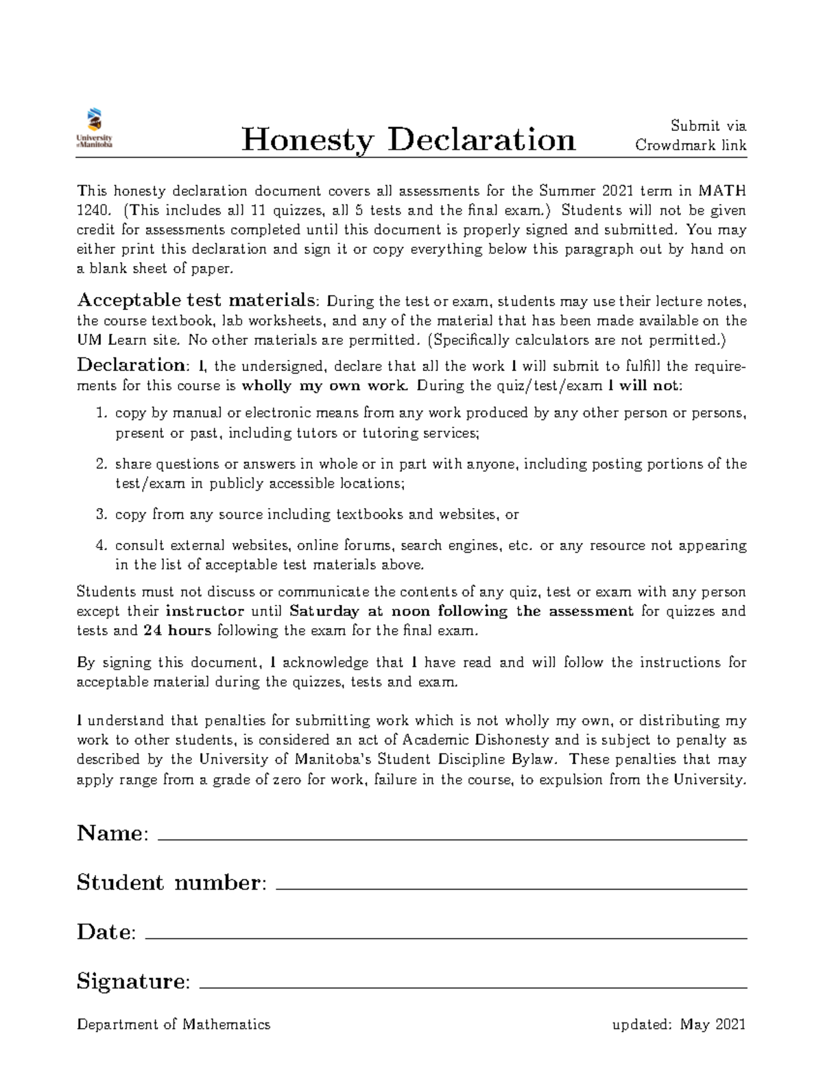 Honesty Declaration For The Course - Honesty Declaration Submit via ...