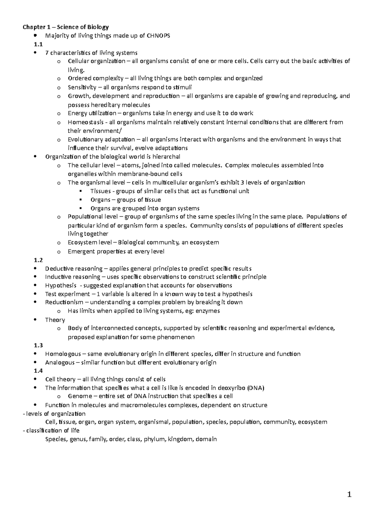 Biology 1 Summary Notes - Chapter 1 – Science of Biology Majority of ...