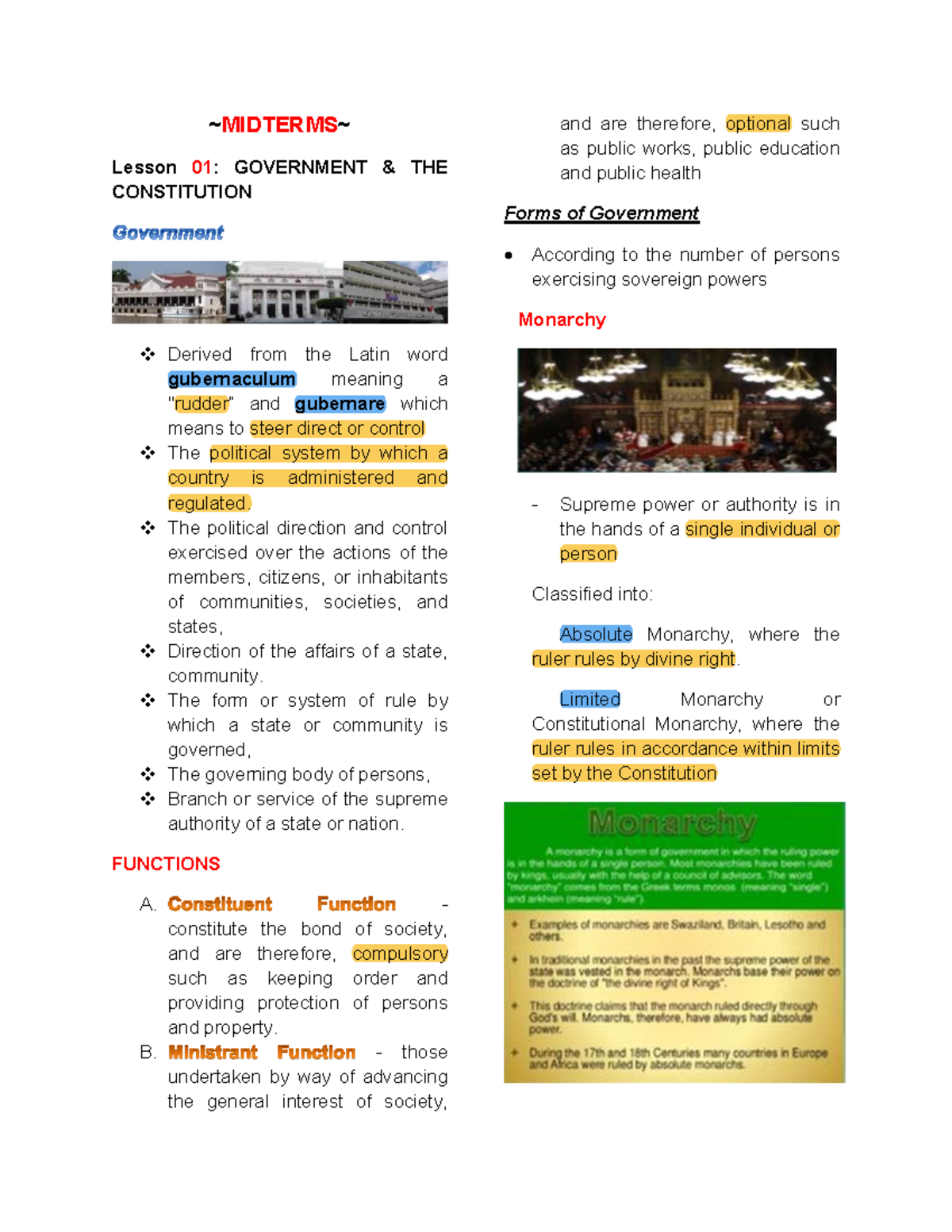 Rph - MIDTERMS Lesson 01 : GOVERNMENT & THE CONSTITUTION Derived from ...