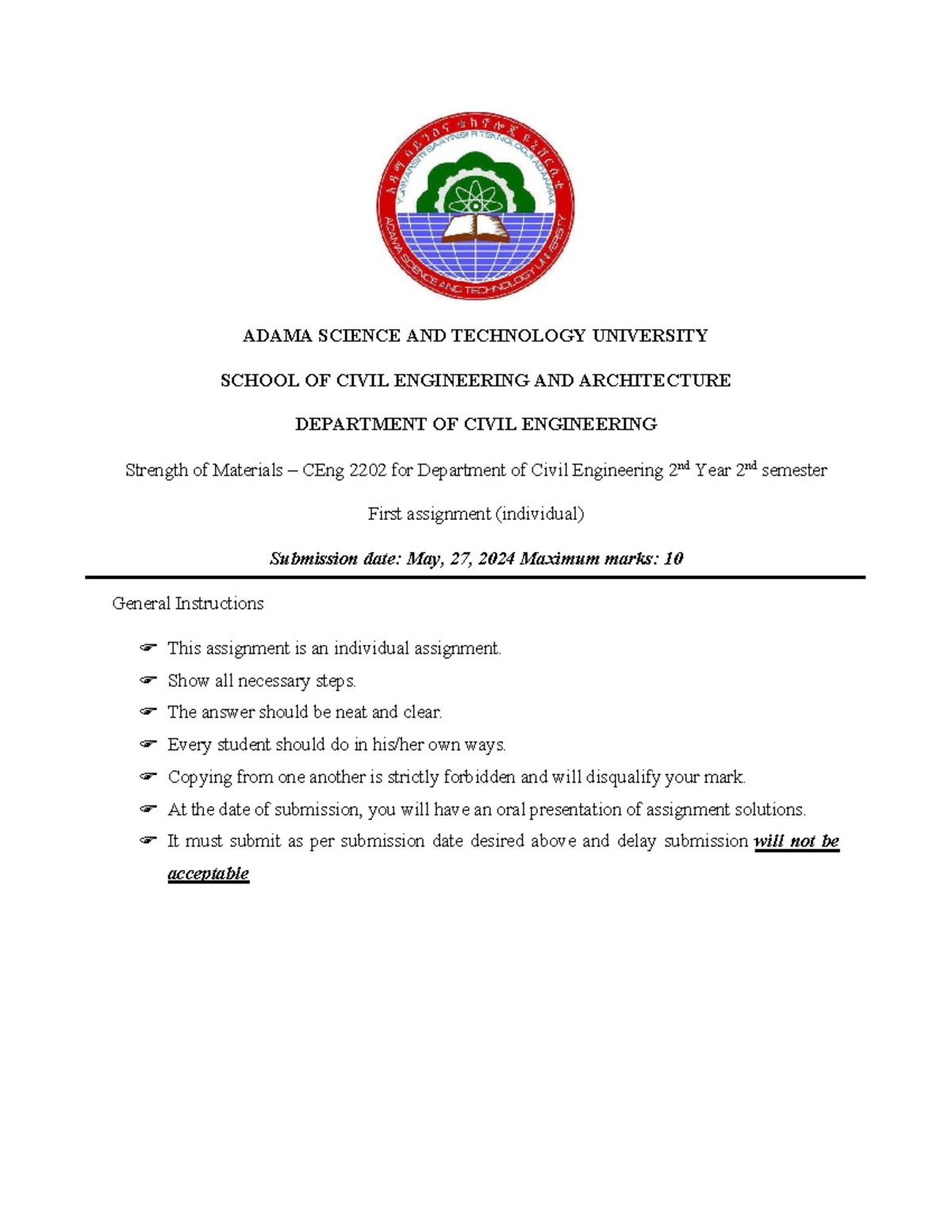 So M ass - the most exemplified assignment - ADAMA SCIENCE AND TECHNOLOGY UNIVERSITY SCHOOL OF ...