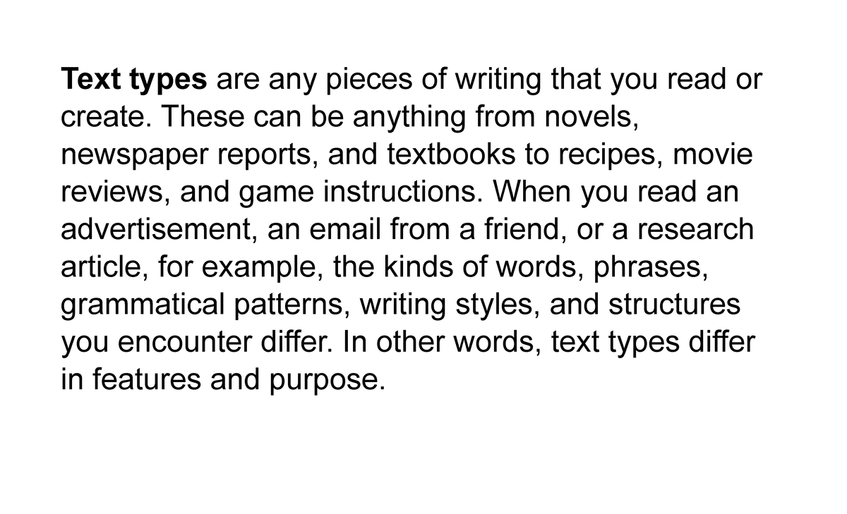 Text types are any pieces of writing that you read or create - These ...