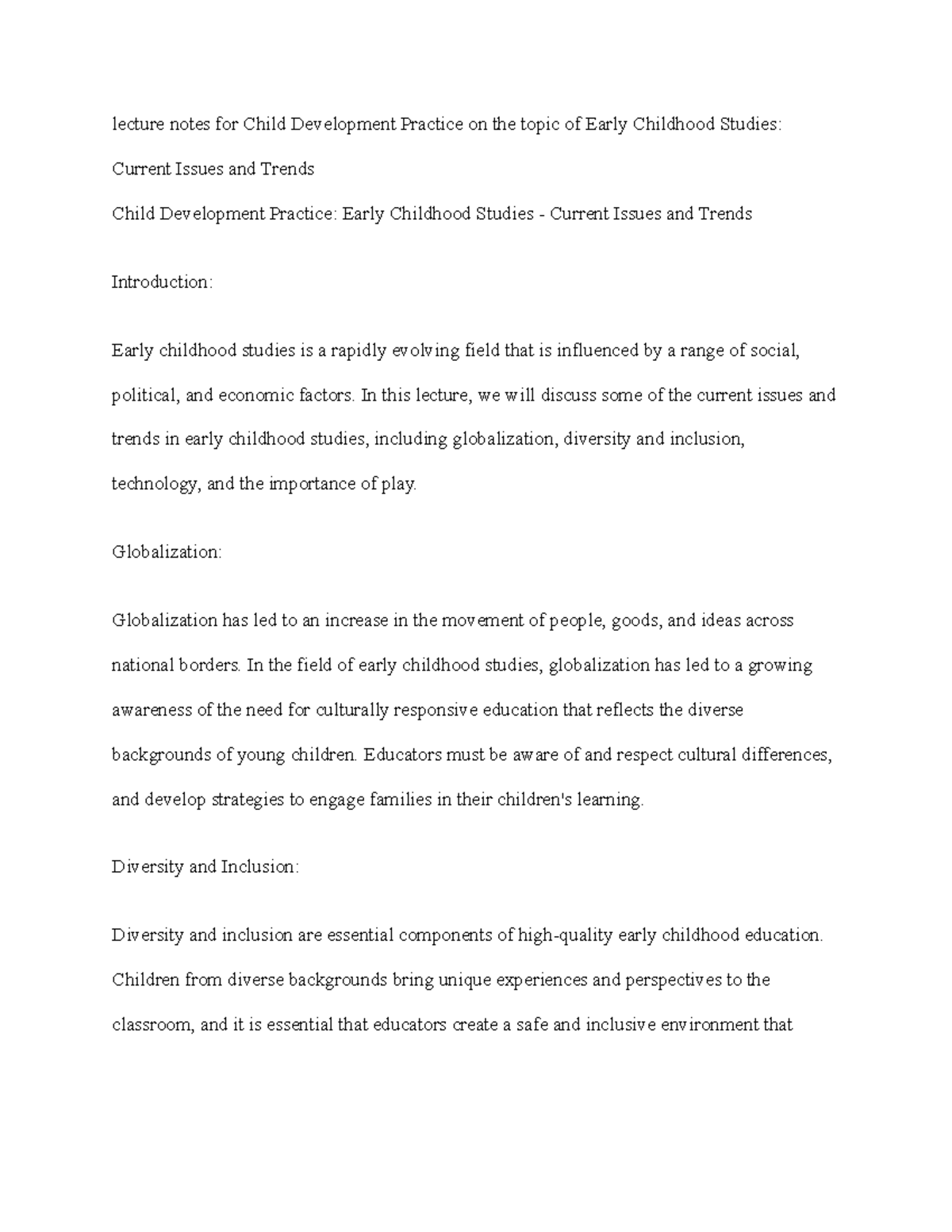 Lecture notes for Child Development Practice on the topic of Early ...