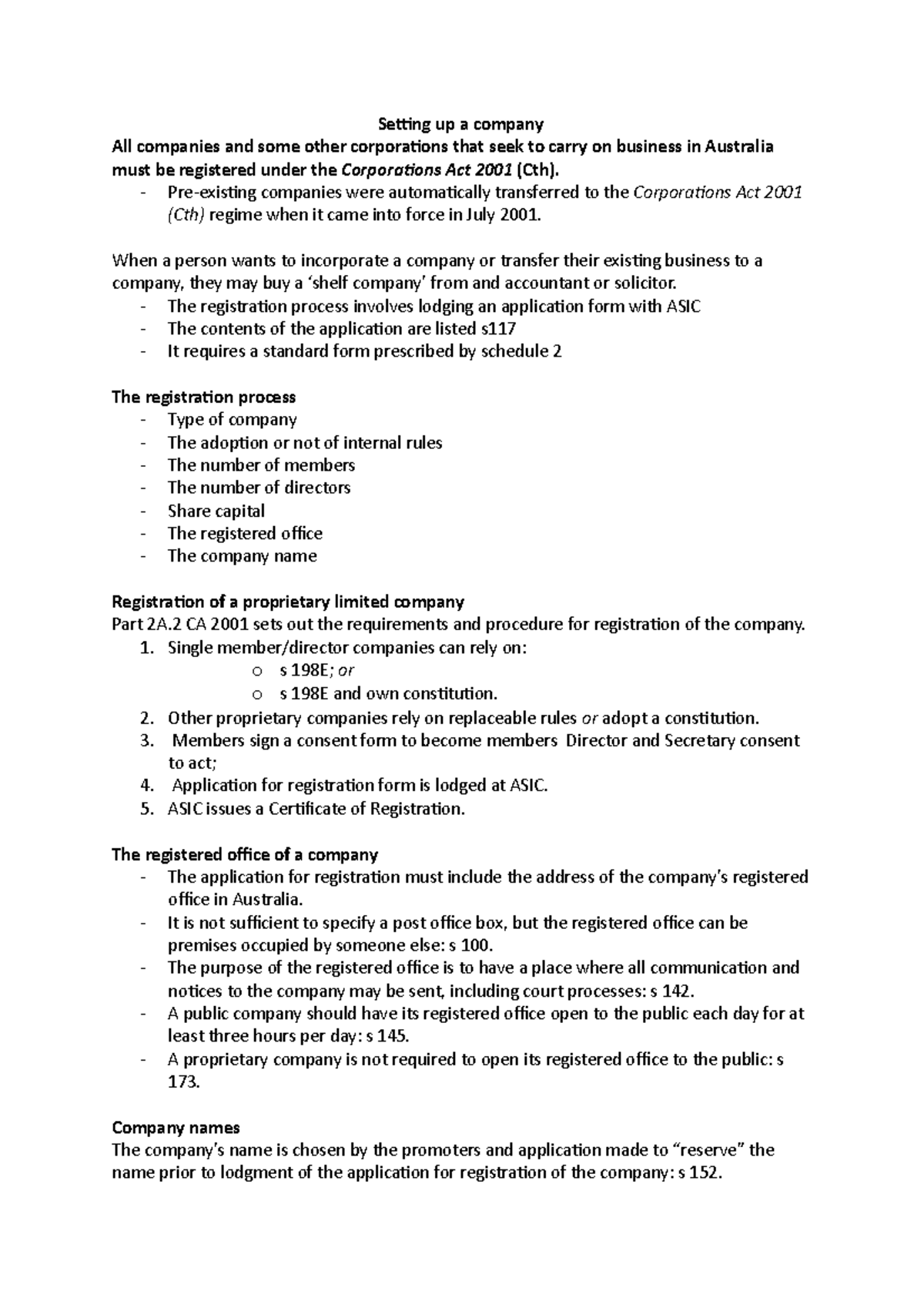 Setting up a company - Lecture Notes - Setting up a company All ...