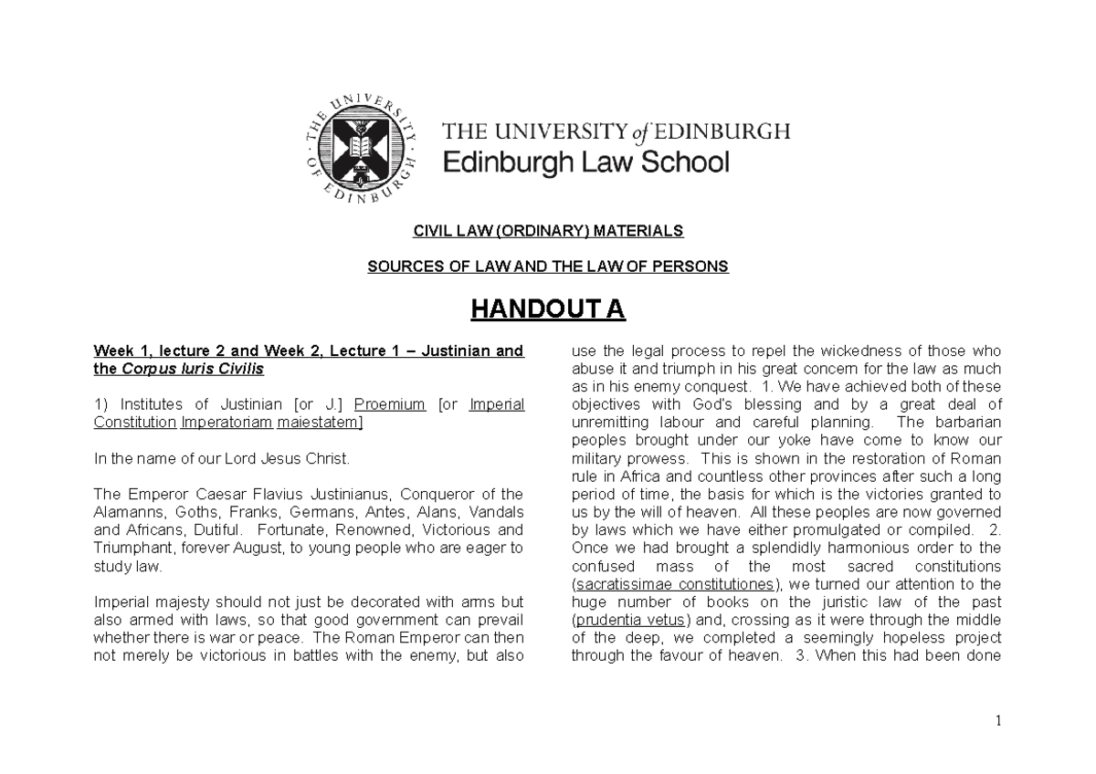 Handout A - CIVIL LAW (ORDINARY) MATERIALS SOURCES OF LAW AND THE LAW ...