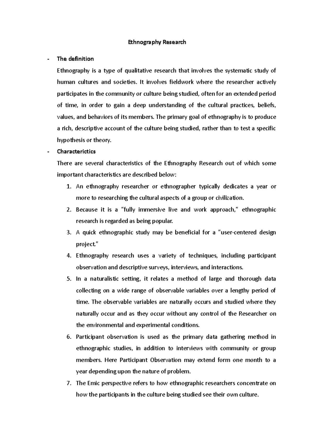 Ethnography Research - Ethnography Research The definition Ethnography ...