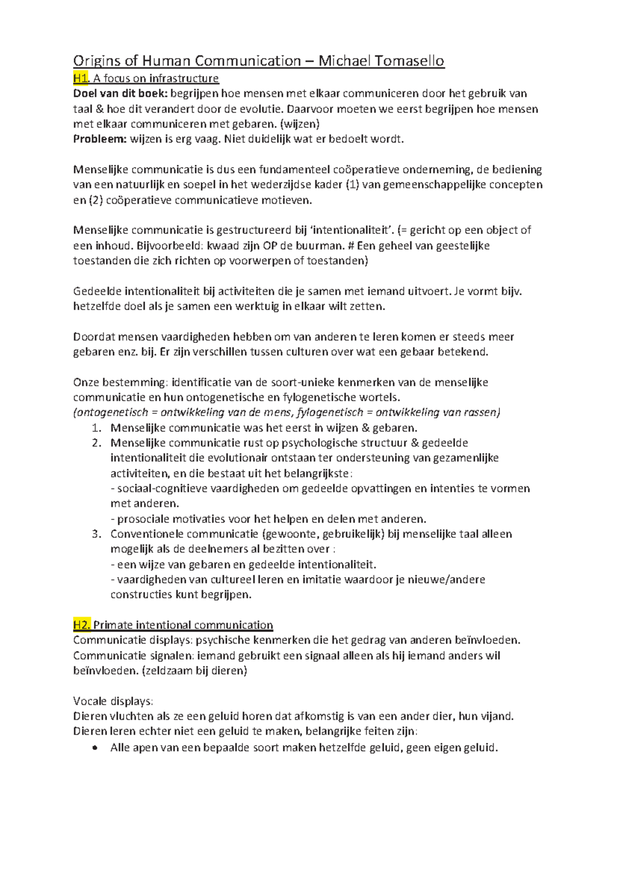 Samenvatting Origings of human communication - Origins of Human ...