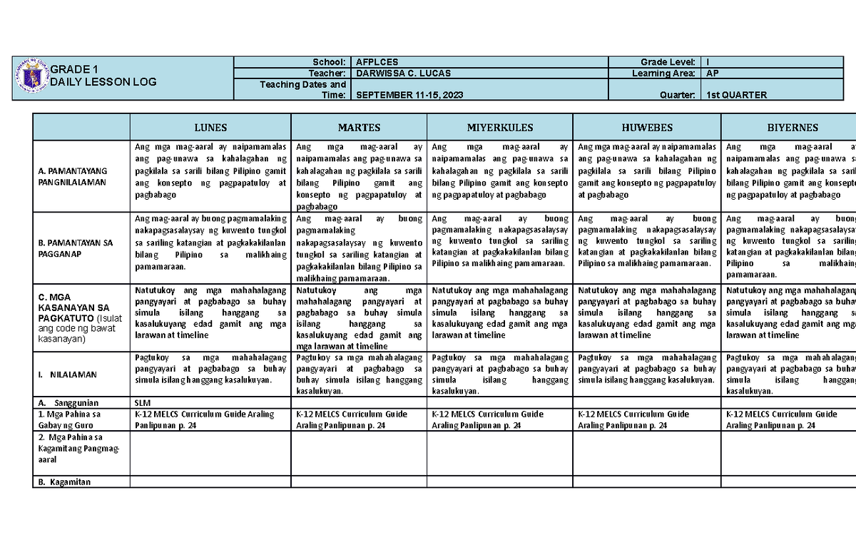 DLL WEEK 3 Editted - GRADE 1 DAILY LESSON LOG School: AFPLCES Grade ...