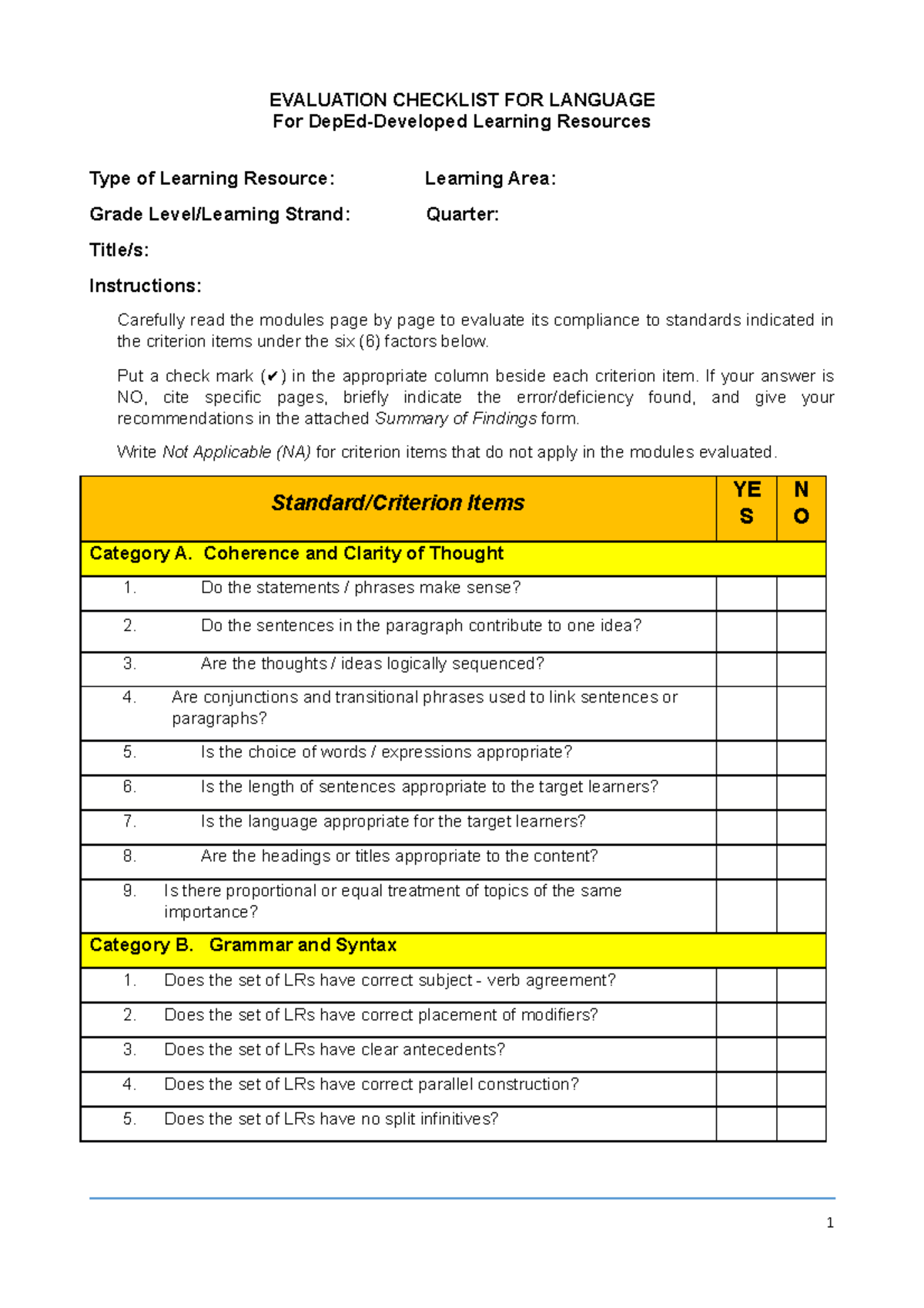 Language Evaluation Checklist - EVALUATION CHECKLIST FOR LANGUAGE For ...