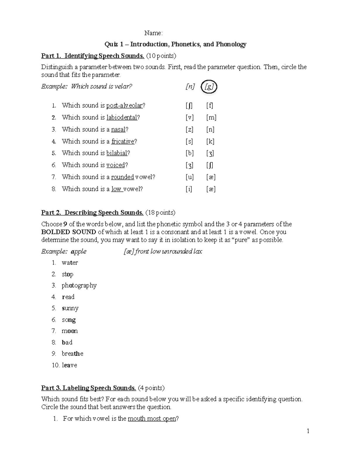 Quiz Phonetics Phonology - 1 Name: Quiz 1 – Introduction, Phonetics ...