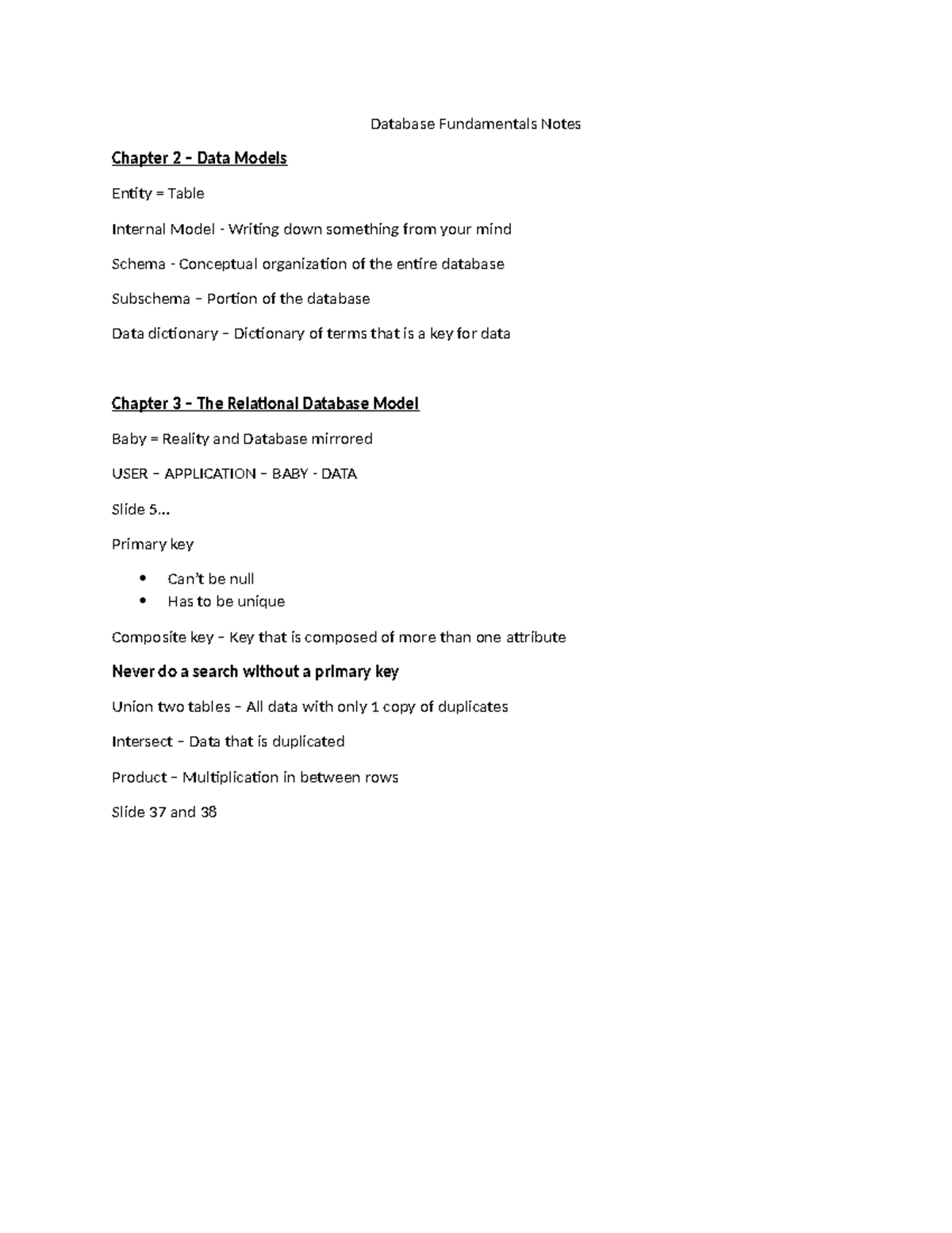 Database Fundamentals Ch 2 And Ch 3 Important Notes Database Fundamentals Notes Chapter 2 Data