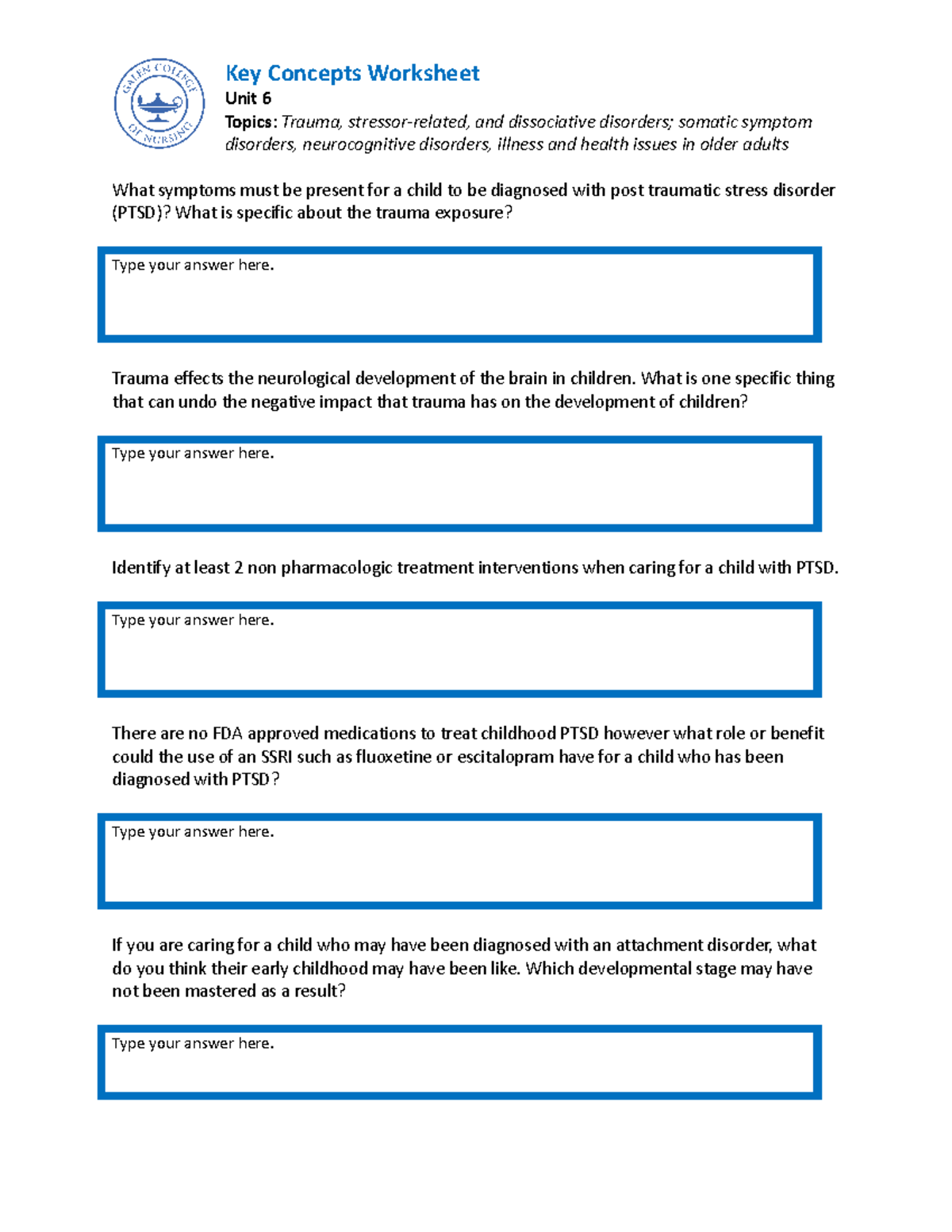 Unit 6 Key Concepts(1) - NOTES - Unit 6 Topics: Trauma, stressor ...