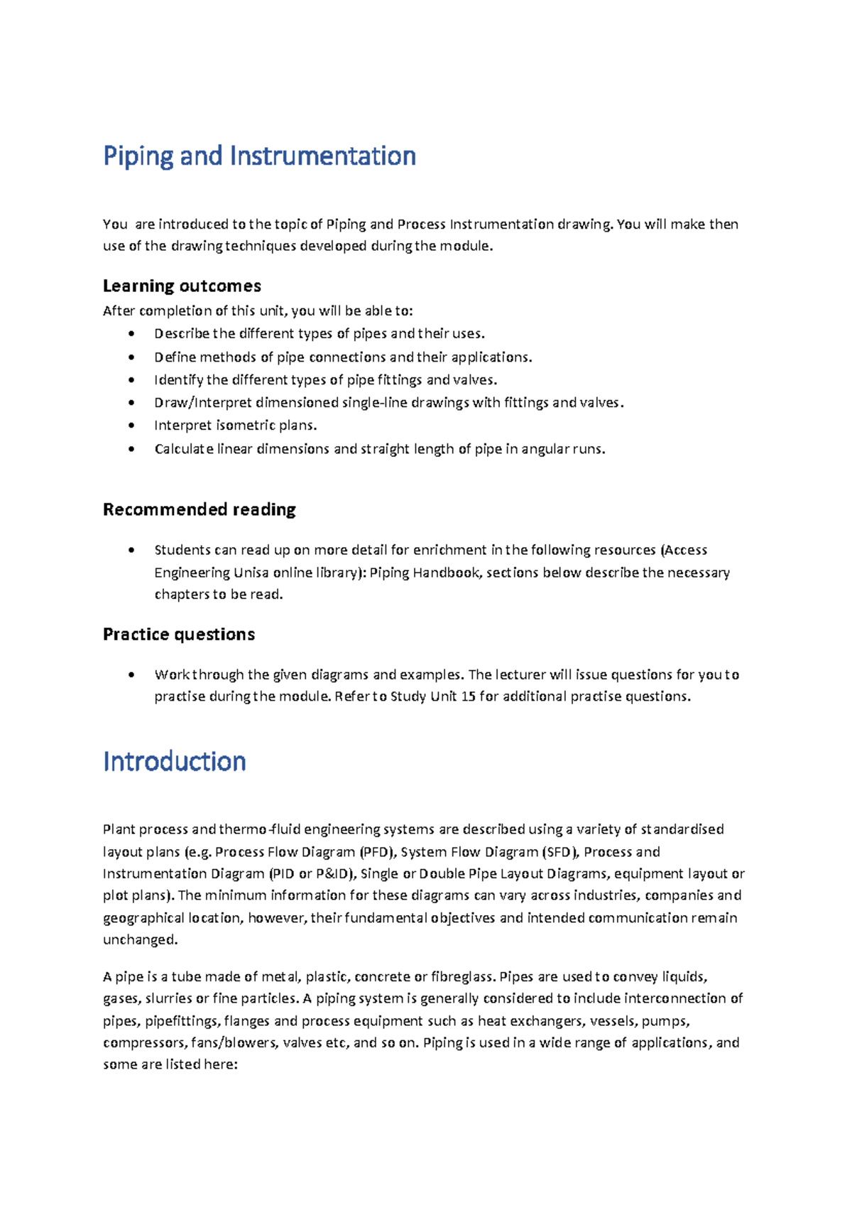 Piping - You will make then use of the drawing techniques developed ...