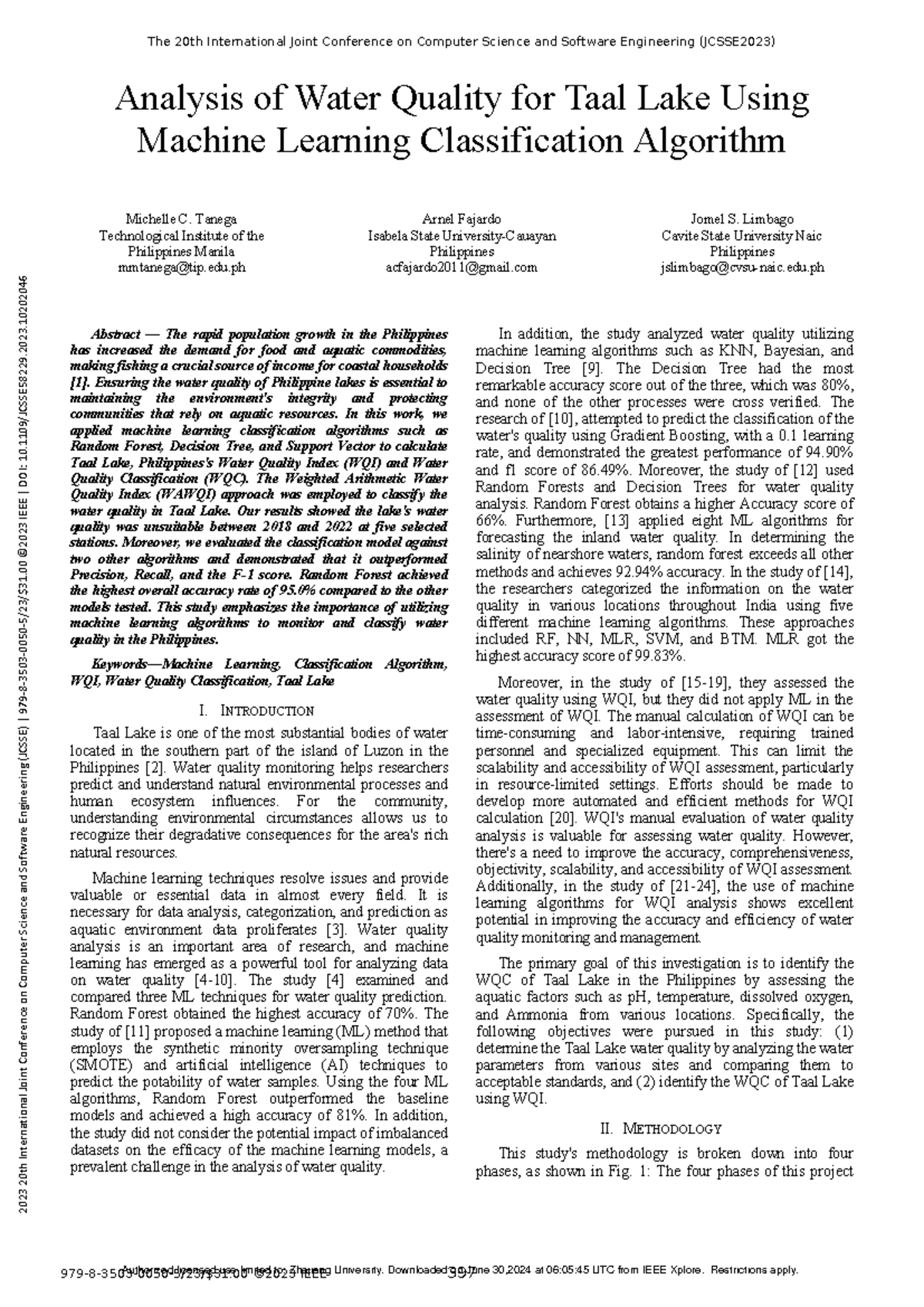 Analysis of Water Quality for Taal Lake Using Machine Learning Classification Al - Analysis of ...