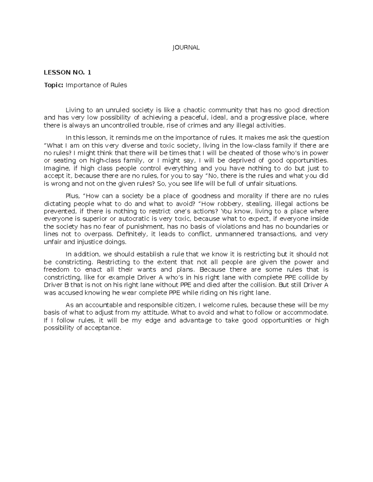 Journal ethics Edited - none - JOURNAL LESSON NO. 1 Topic: Importance ...