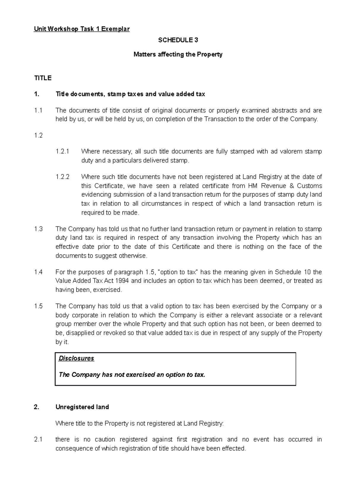 Task 1 Exemplar - Unit Workshop Task 1 Exemplar SCHEDULE 3 Matters ...