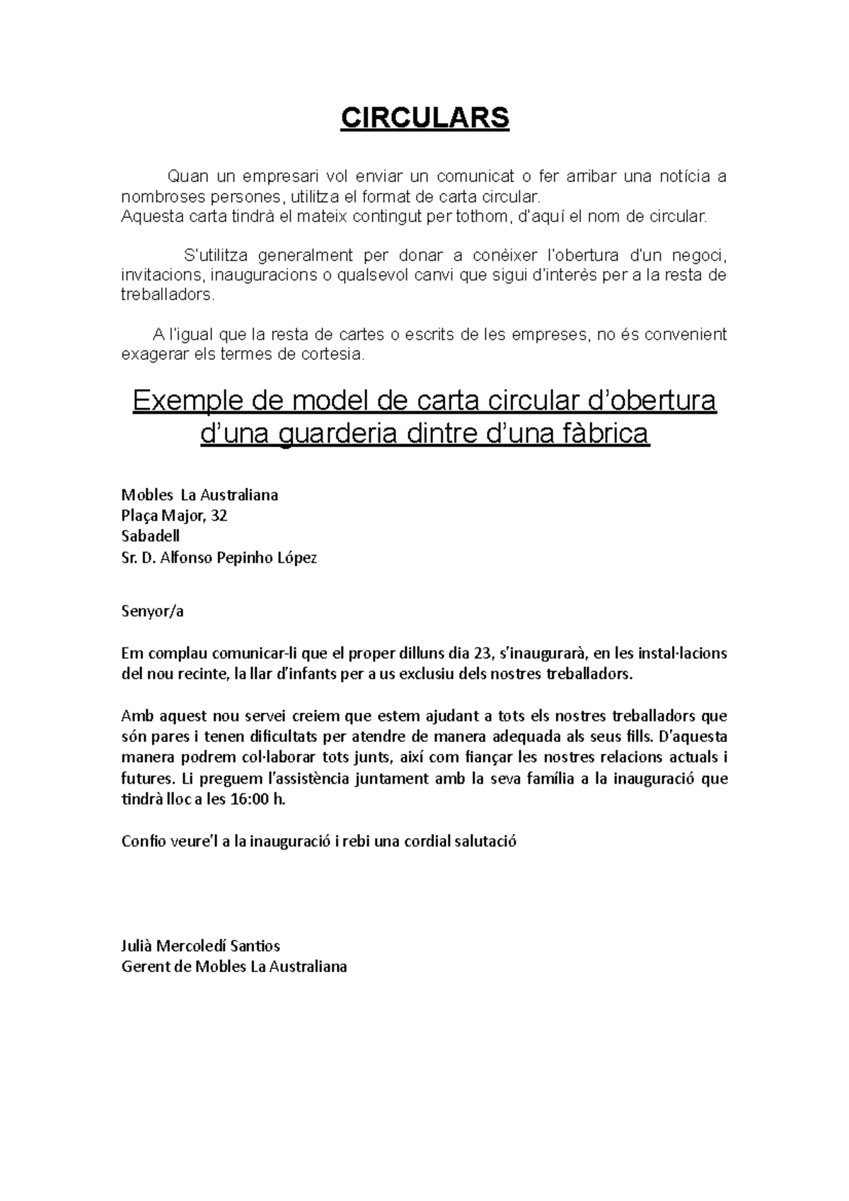 Circular. Definició-Model - CIRCULARS Quan un empresari vol enviar un ...