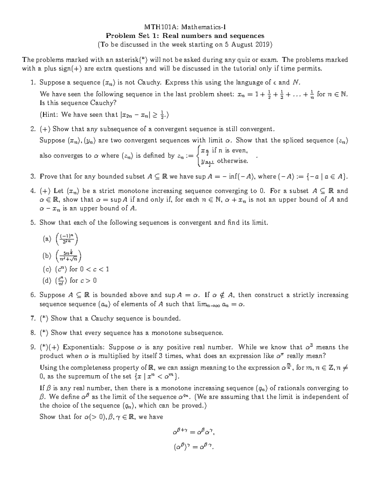 MTH101A PS1 - Practice tutorial shared by professor - MTH101A: Mathematics-I Problem Set 1: Real ...