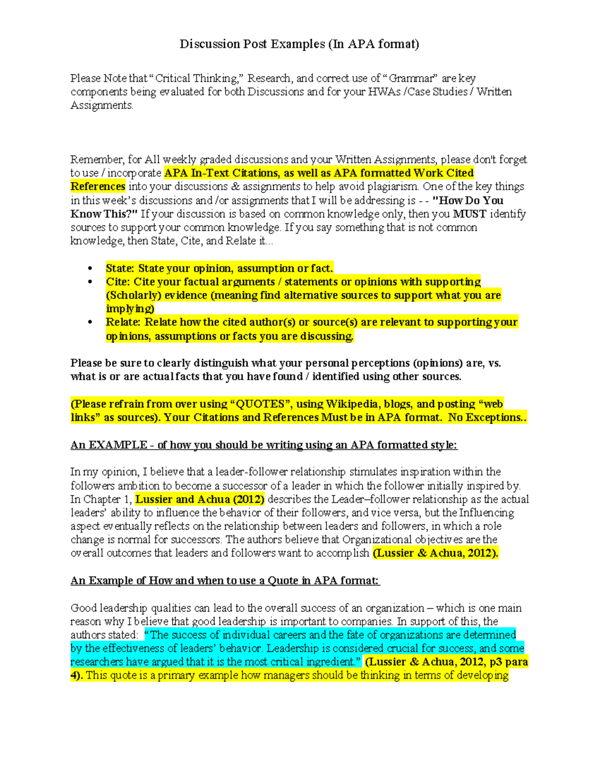 DQ Rubric - Sample Posts - Discussion Post Examples (In APA format ...