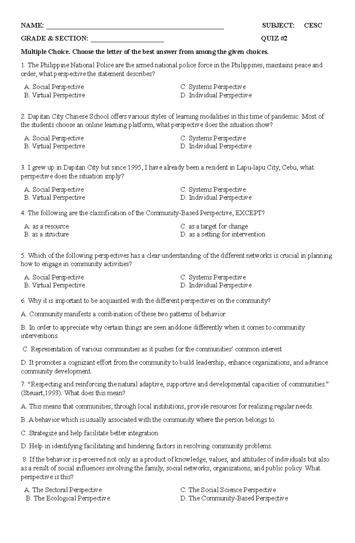 CESC QUIZ WED - njjk - NAME ...