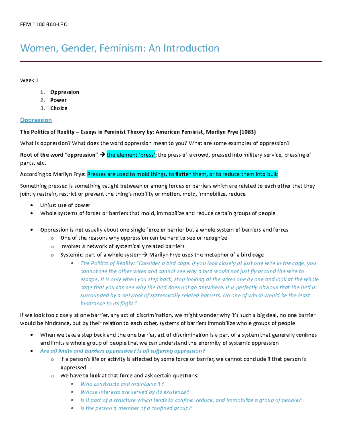 Week one - Lecture notes 1 - FEM 1100 B00-LEC Women, Gender, Feminism ...