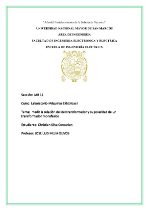 Informe 1 - Maquinas Electricas Laboratorio 1 - “Año de la unidad, la paz y el desarrollo” - Studocu