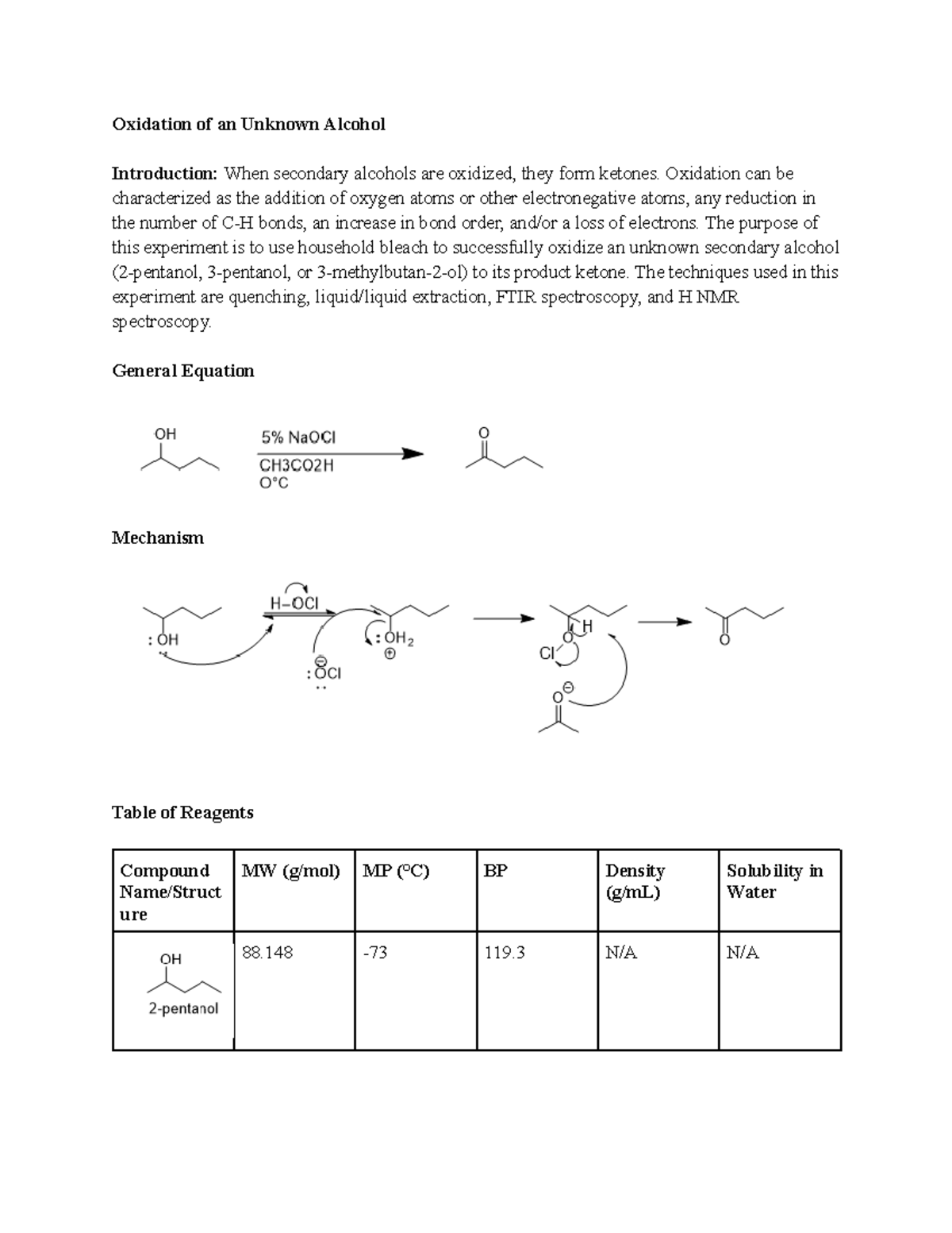 Oxidation of Unknown Alcohol Experiment - Studocu