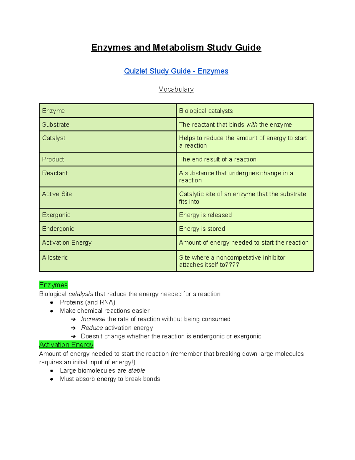 Enzyme Study Guide B5 - The most - Enzymes and Metabolism Study Guide ...