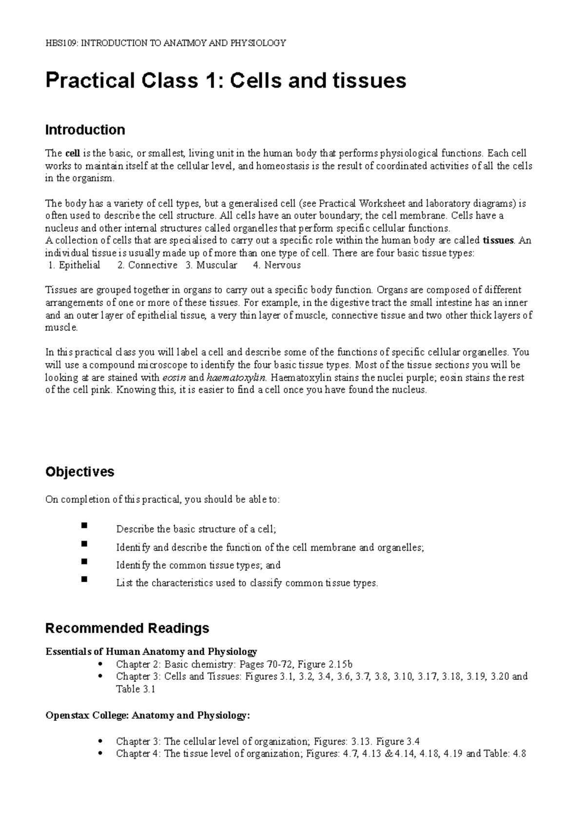 Practical 1 worksheet - Practical Class 1: Cells and tissues ...