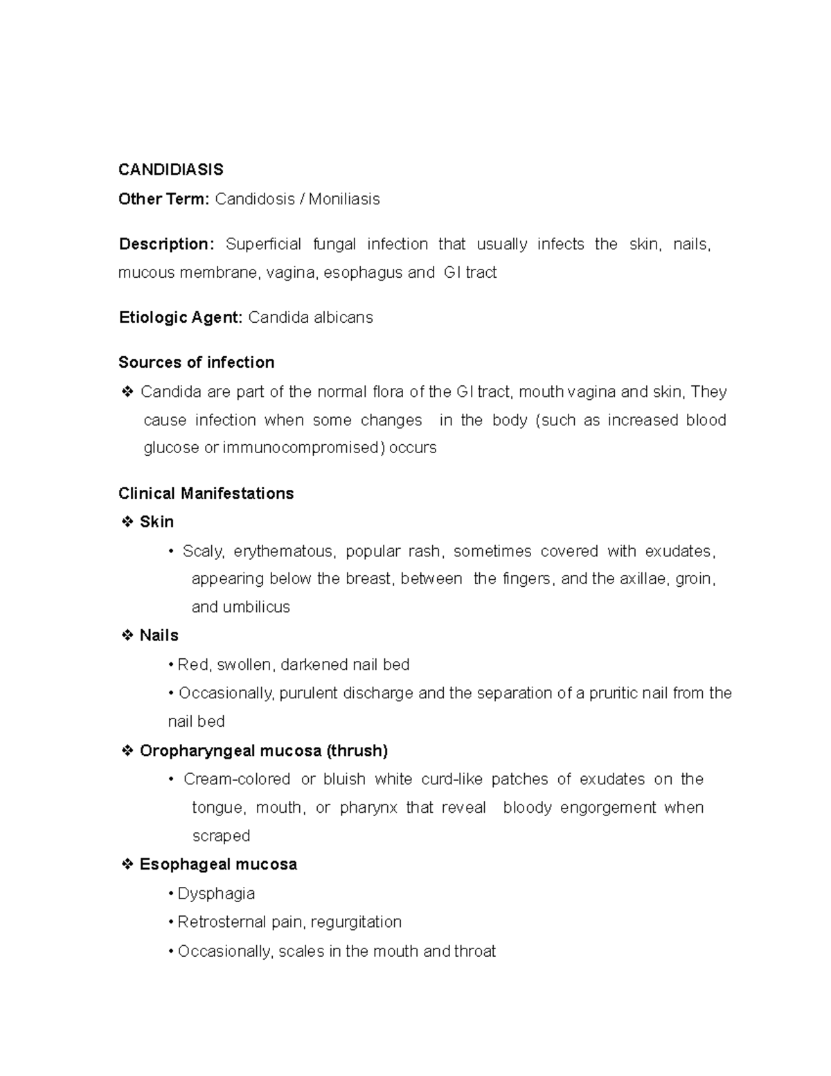 Candidiasis - NOTES - CANDIDIASIS Other Term: Candidosis / Moniliasis ...