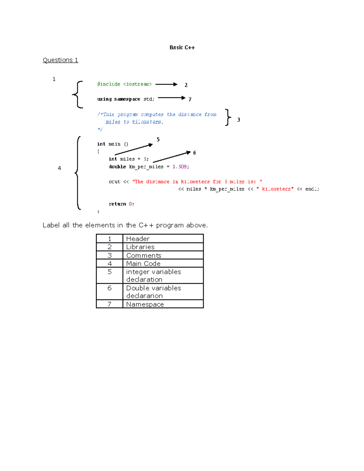 Exercise 2 - No, In dont have desc - Basic C++ Questions 1 Label all ...
