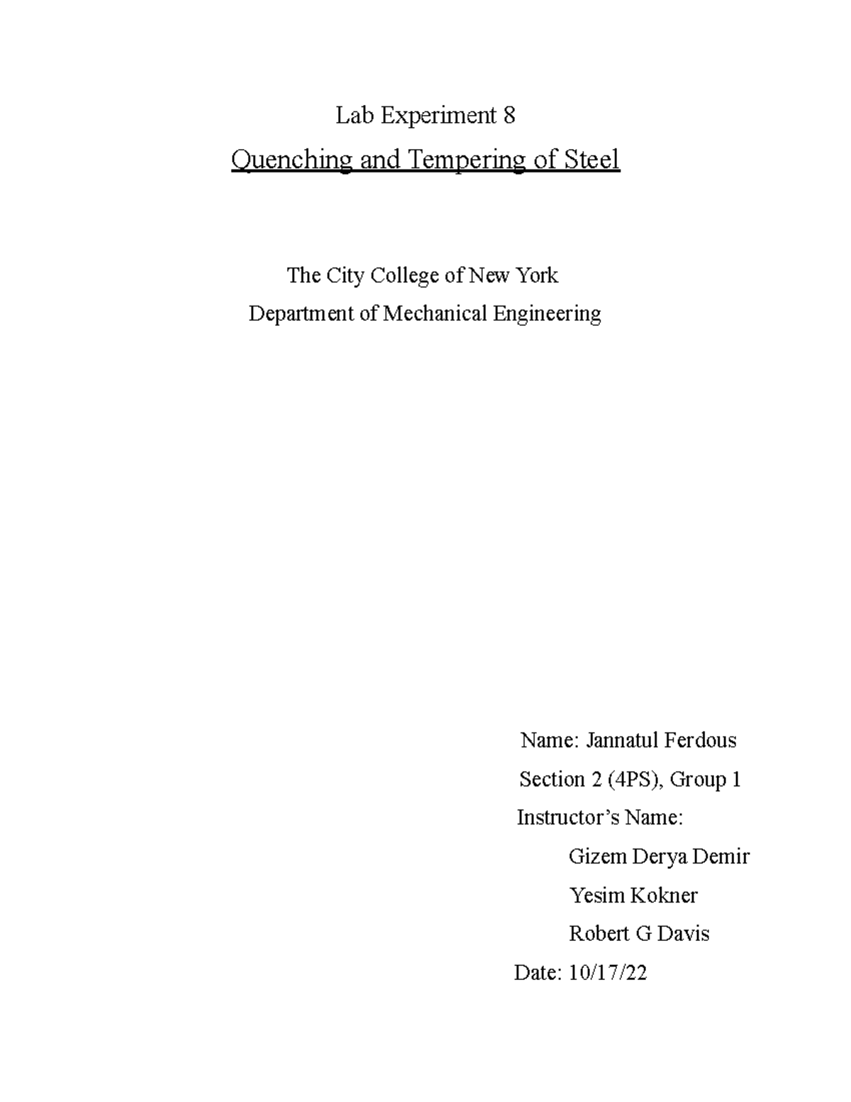 ME 461 Lab Experiment 8 - Lab Experiment 8 Quenching and Tempering of ...