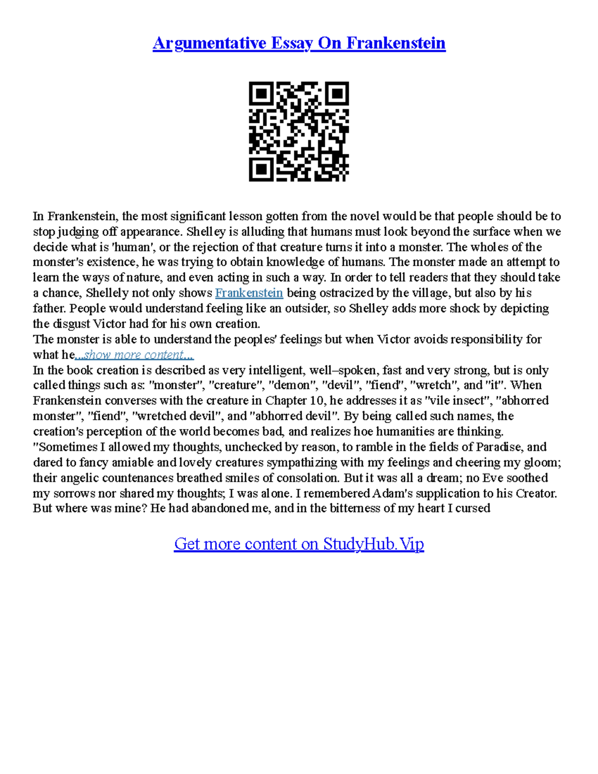 Essay Topics For Frankenstein - Argumentative Essay On Frankenstein In ...