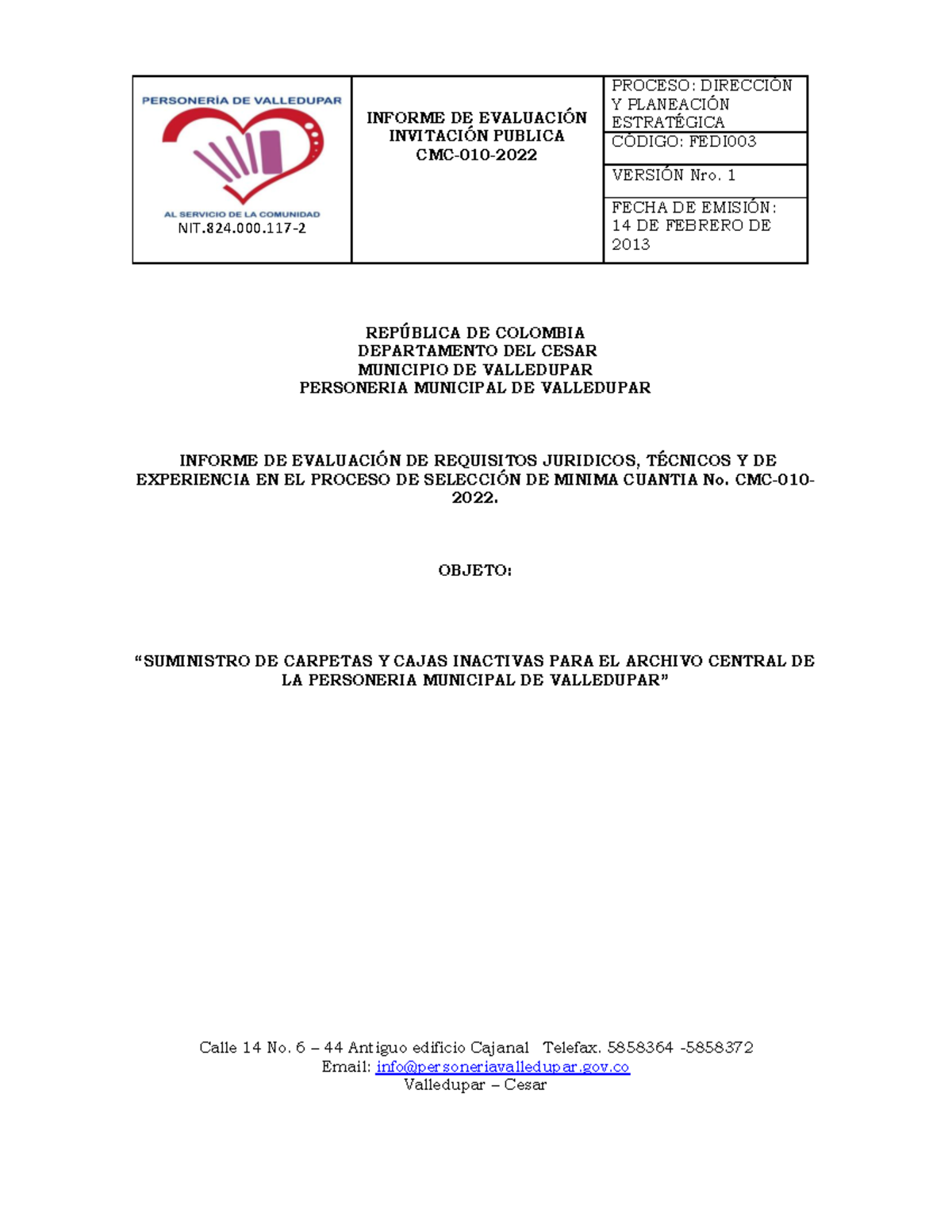 Informe DE Evaluacion - FFFFFFFFFFFFFFF - NIT.824.000- INFORME DE ...