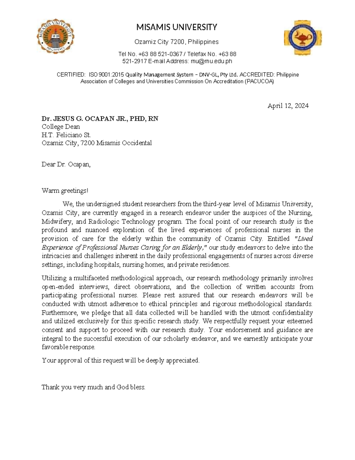 Letter - MISAMIS UNIVERSITY Ozamiz City 7200, Philippines Tel No. +63 ...