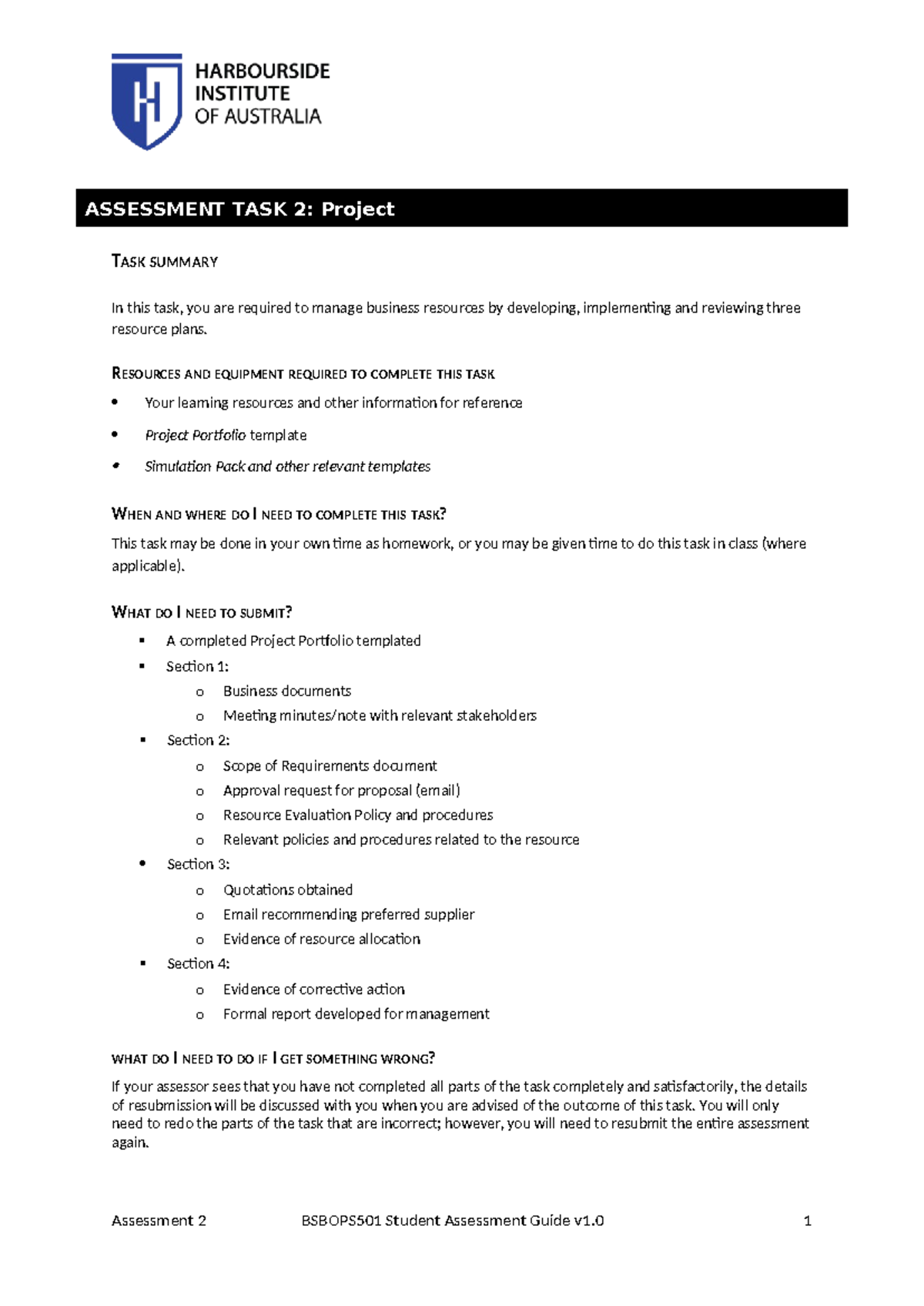 Bsbops 501 Assessment task 2 v1.0-updated - ASSESSMENT TASK 2: Project TASK SUMMARY In this task ...