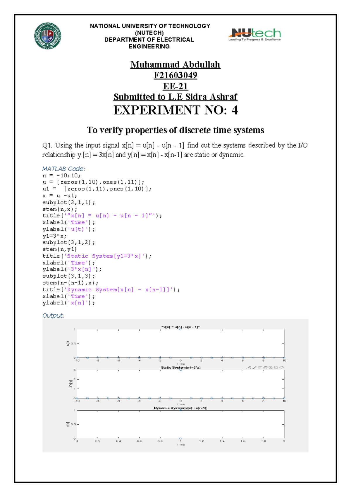 DSP Lab 4 49 - To verify properties of discrete time systems - NATIONAL ...